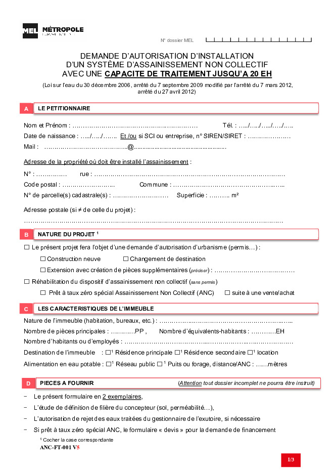 Formulaire de demande d’installer un assainissement inférieur à 20 ...