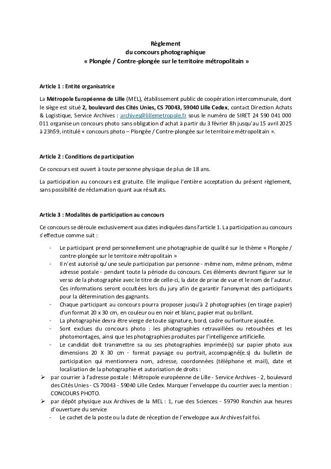 Règlement concours photos - Archives de la MEL (.pdf) | Métropole européenne de Lille